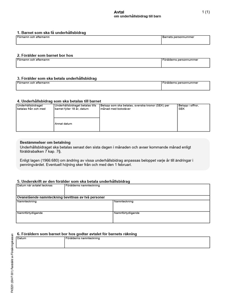 5251 Avtal Om Underhallsbidrag Till Barn | PDF