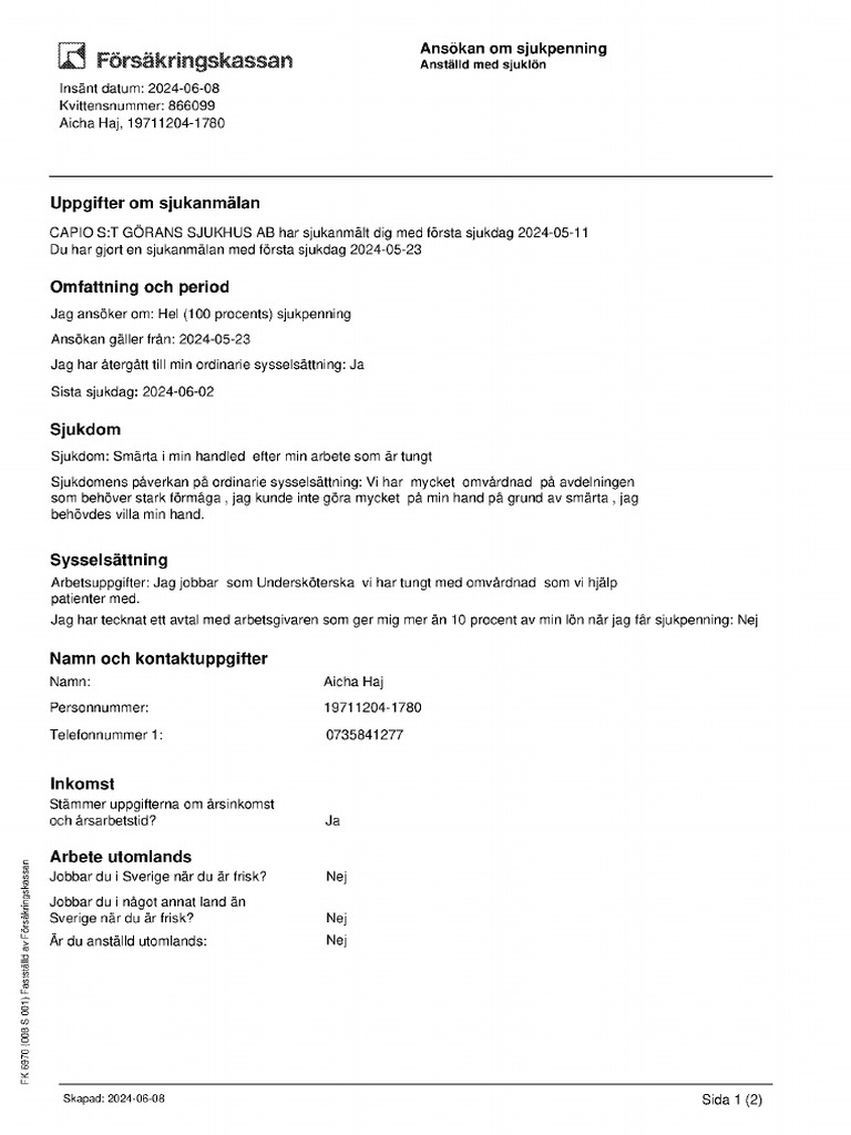 Ansökan Om Sjukpenning 20240608 | PDF