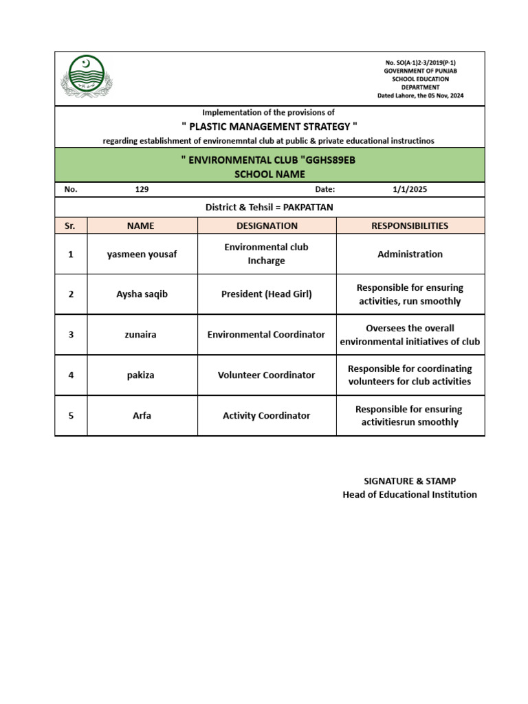 Environmental Club Implementation Plan | PDF