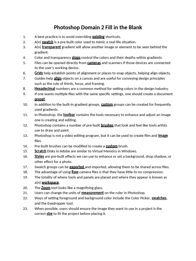 Photoshop Domain 2 Fill in The Blank | PDF