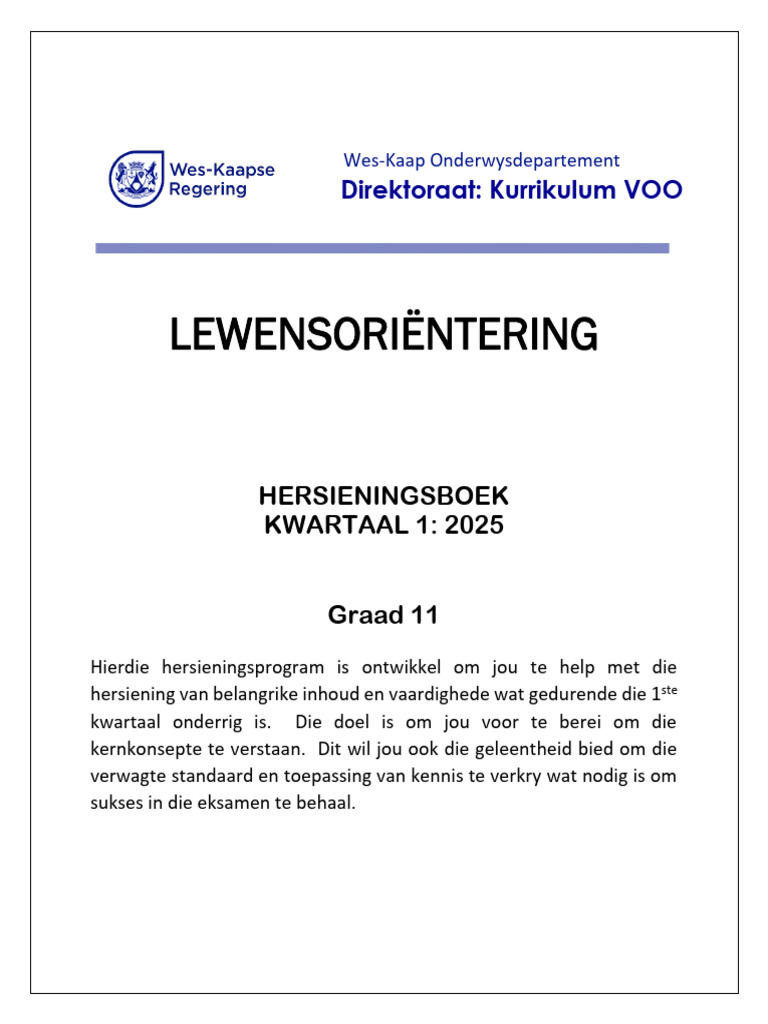 Graad 11 Lewensoriëntering Hersieningsboek Kwartaal 1 2025 | PDF