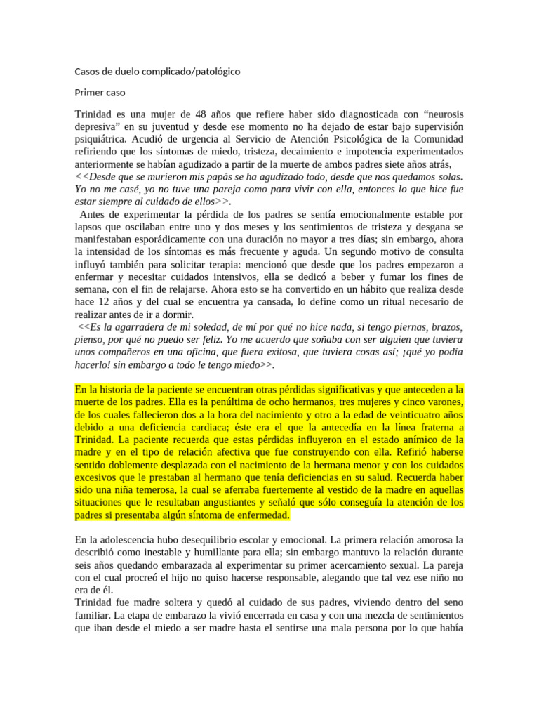 Duelo Complicado: Caso de Trinidad | PDF | Dolor | Depresión (estado de ...