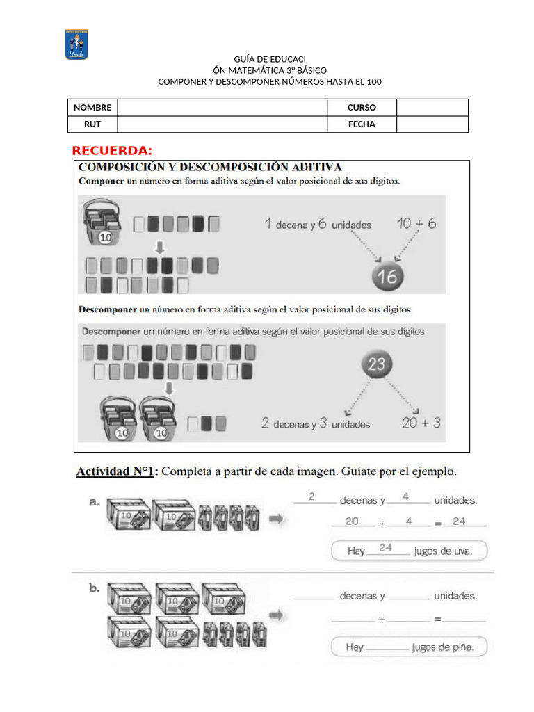 Clase 3 _Guia_componer y descomponer hasta 100 | PDF