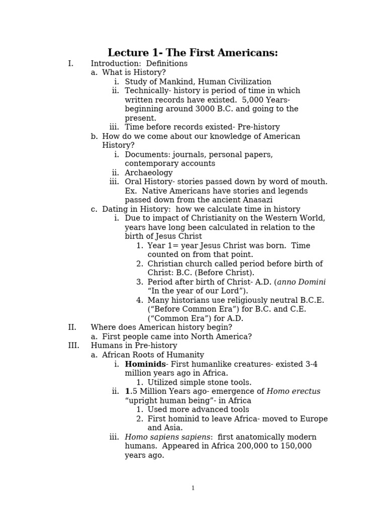 Lecture 1 - The First Americans - Outline (01-23) | PDF | Anno Domini ...