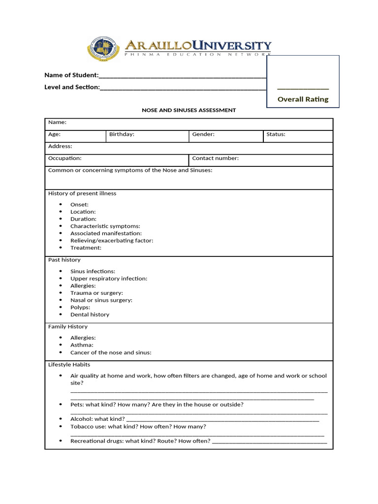 Nose and Sinuses Assessment Form | PDF | Human Nose | Medical Specialties