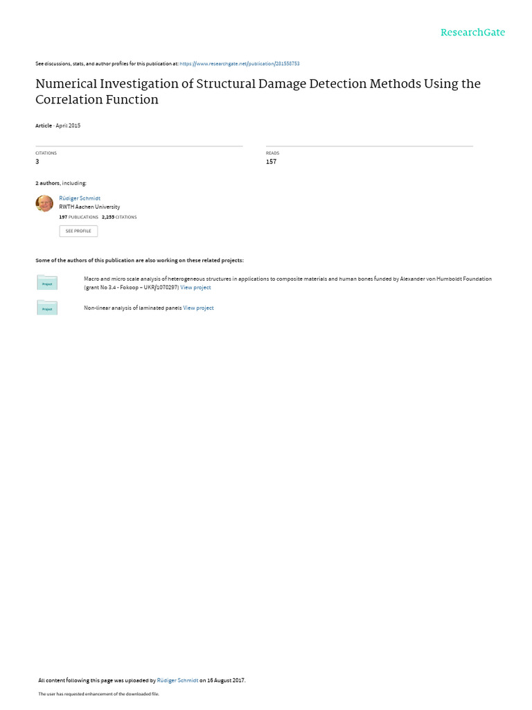 Numerical Investigation of Structural Damage Detection Methods Using The Correlation Function ...
