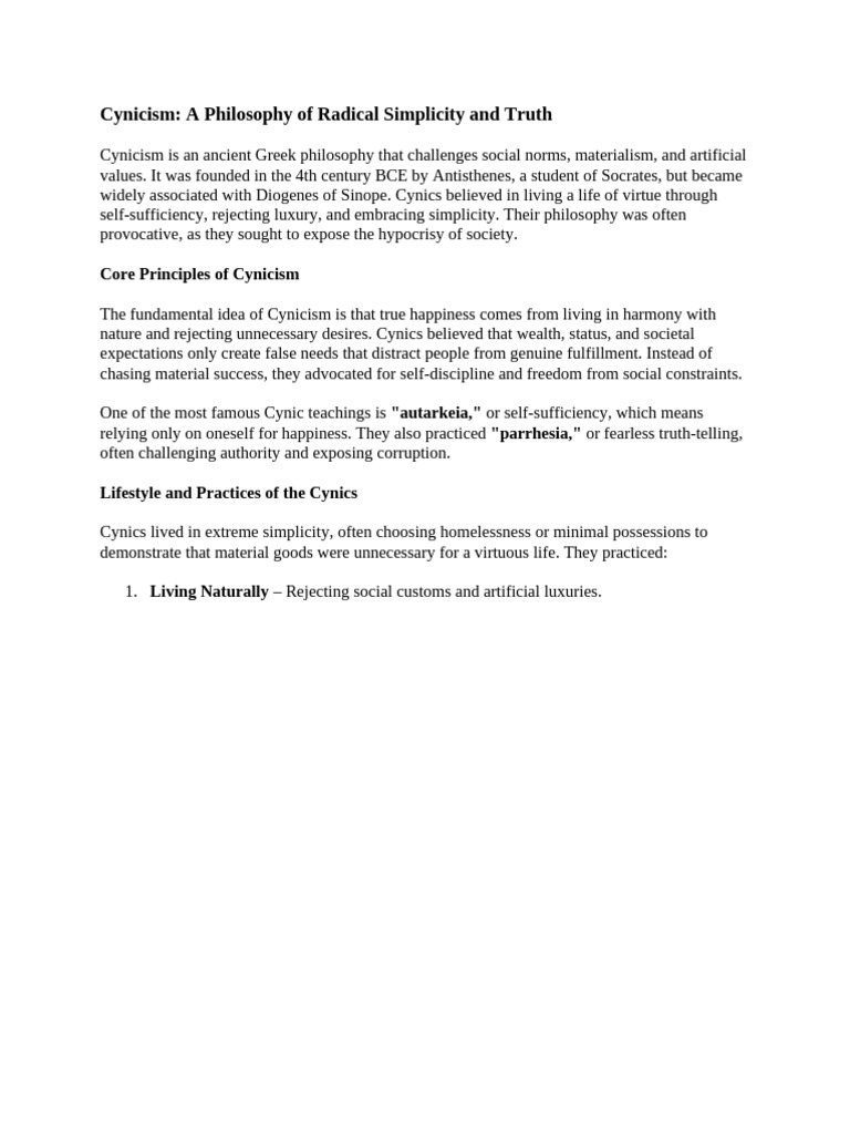 Understanding Cynicism: Simplicity & Truth | PDF