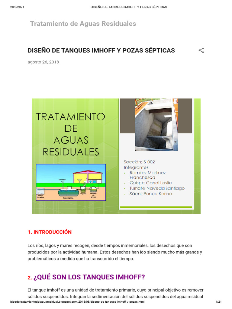 Diseño de Tanques Imhoff y Pozas Sépticas | PDF | Aguas residuales | Tratamiento de aguas residuales
