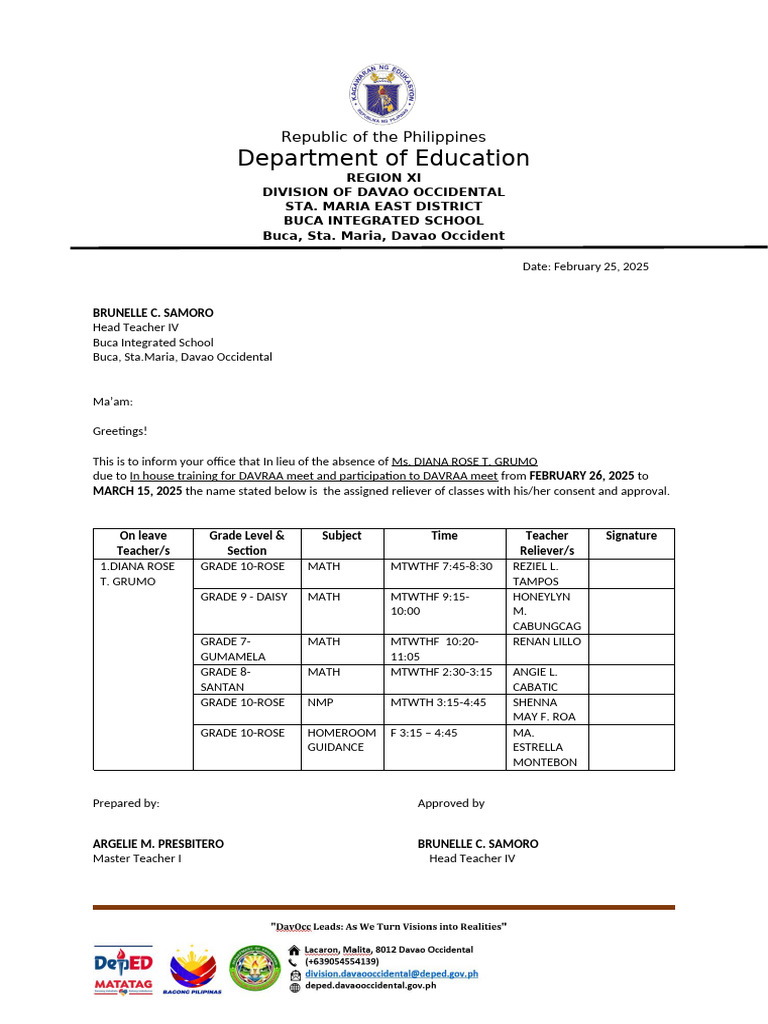 Class Reliever Form 2025 | PDF