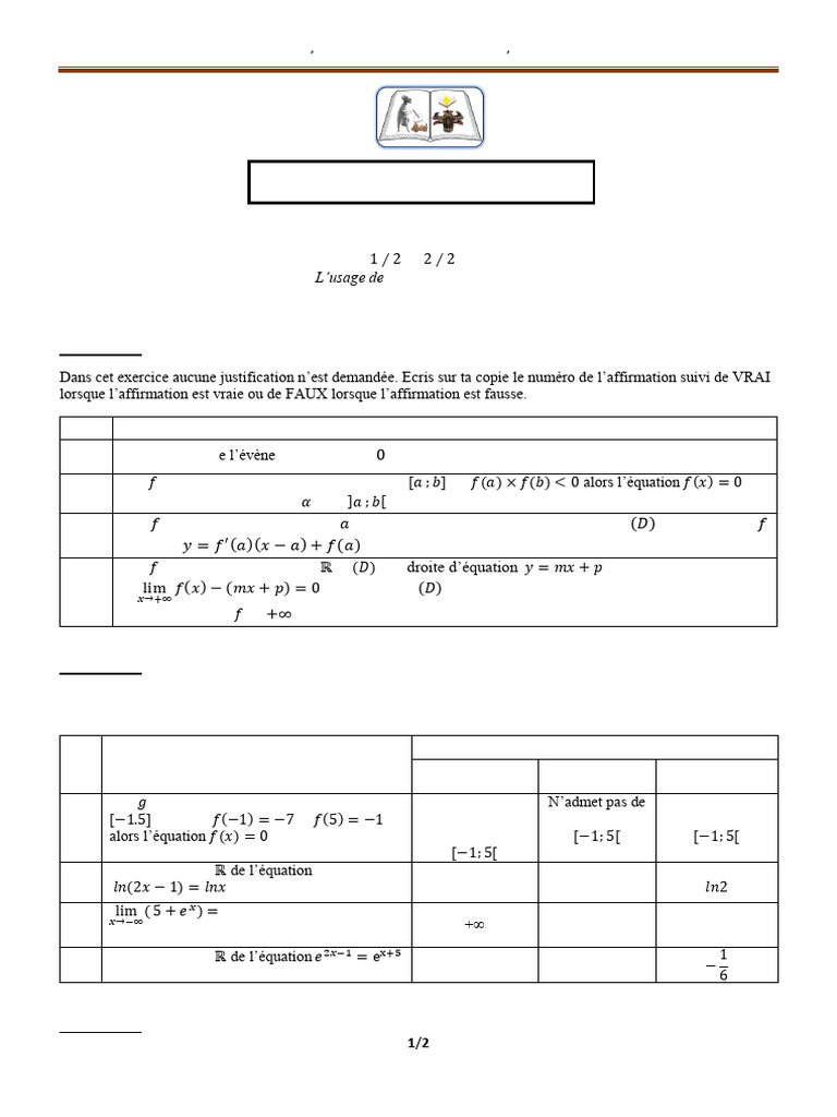 SUJET ET CORRIGÉ BAC BLANC 2025 MATHEMATIQUES SERIE A2 REGIONAL DRENA KORHOGO | PDF | Mathématiques
