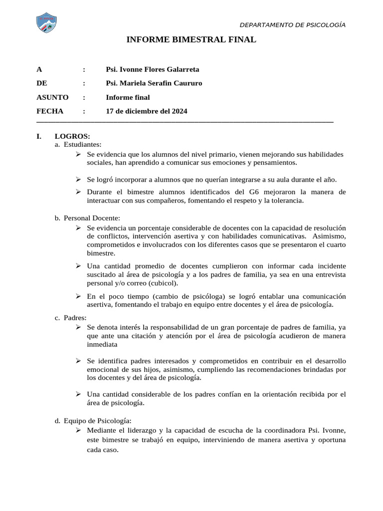 Informe Bimestral Final - Área de Psicología | PDF | Sicología | Las emociones