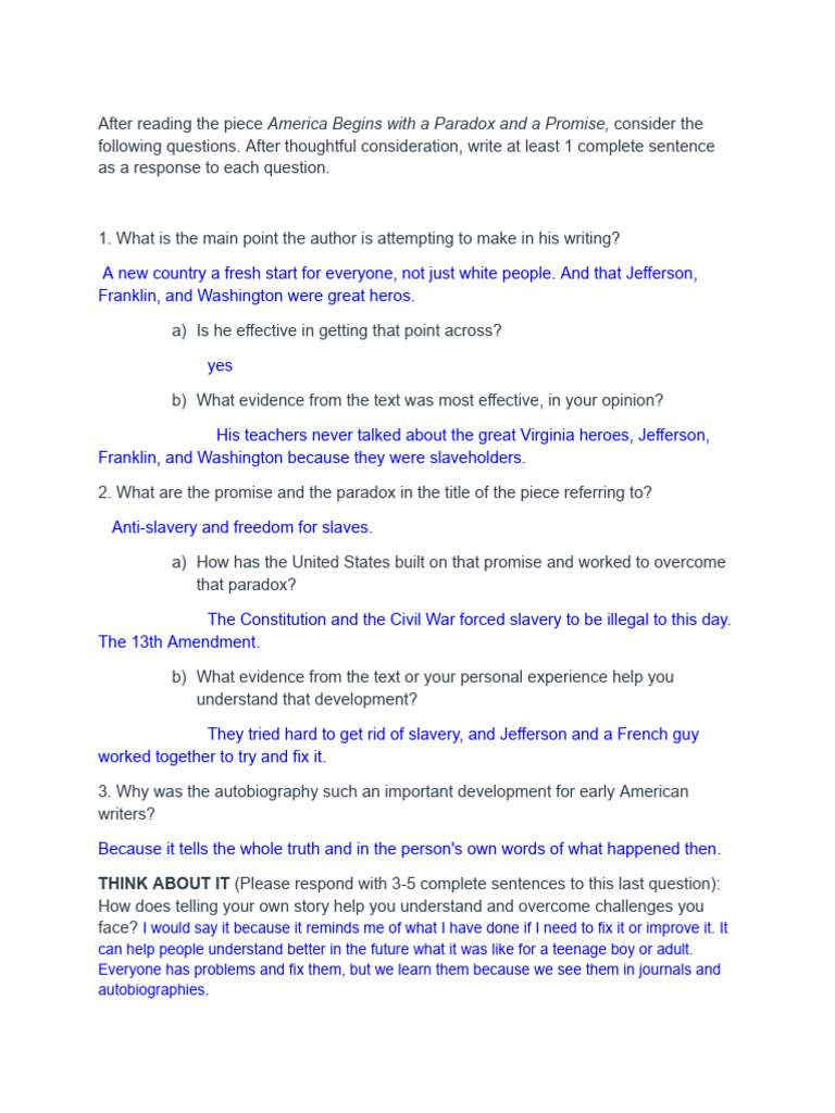 William Bott - (Template) America Begins With A Promise and A Paradox | PDF