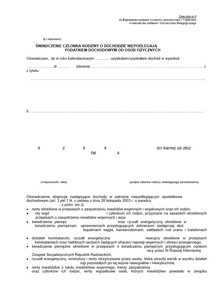 9 Oswiadczenie o Doch Niepodlegajacym Opodatkowaniu 2019 | PDF