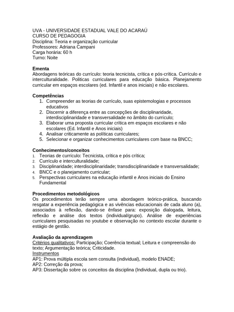 Programa Teoria Curricular - 2024 Noite | PDF | Pedagogia | Interdisciplinaridade