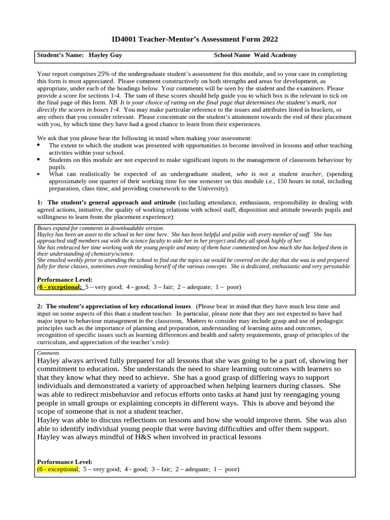 Teacher-Mentor Assessment: Hayley Guy | PDF | Teachers | Curriculum