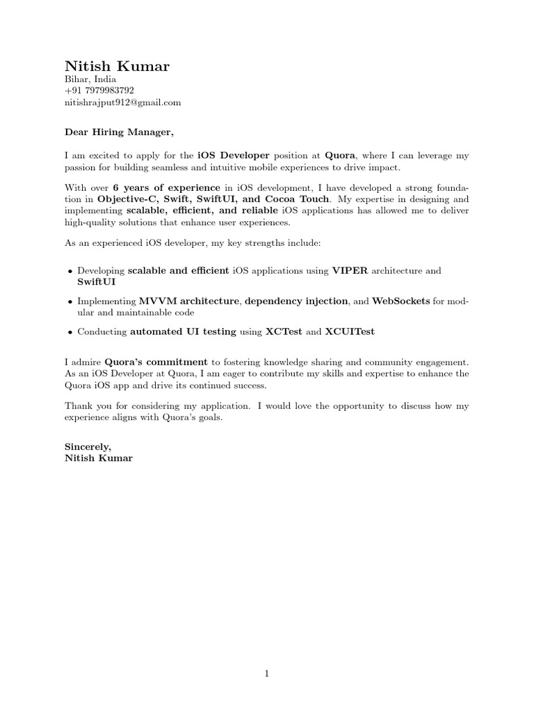 Nitish Kumar Cover Letter | PDF