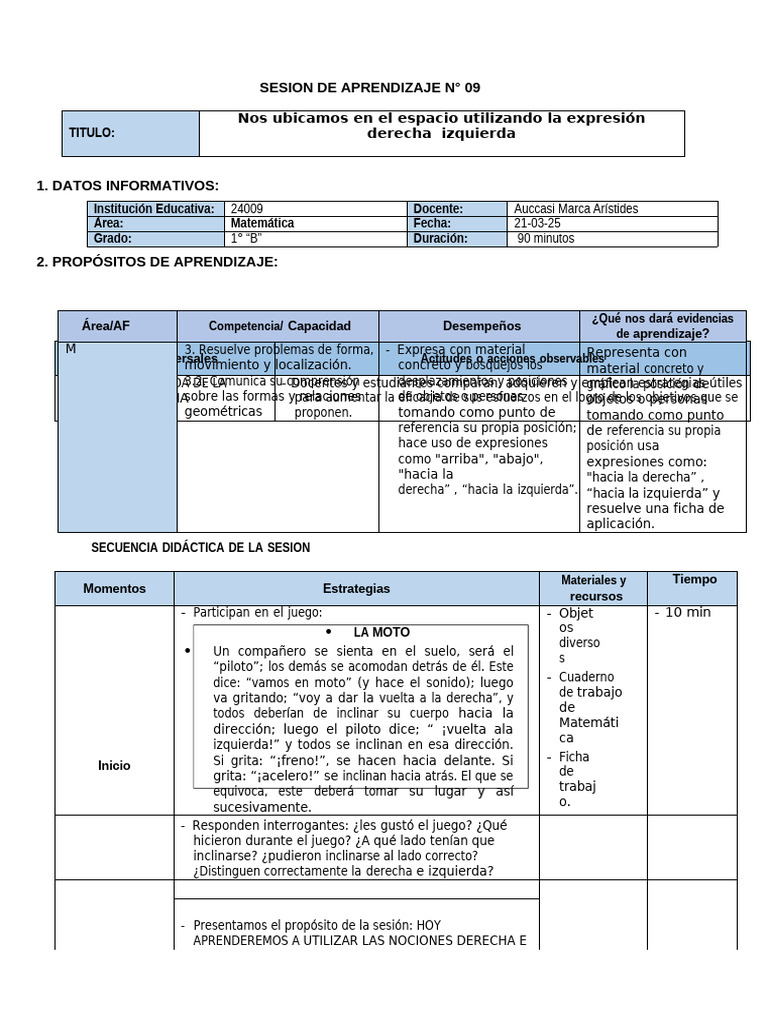 SESION Matem Ubicacion Isquierda Derecha | PDF | Aprendizaje | Cognición