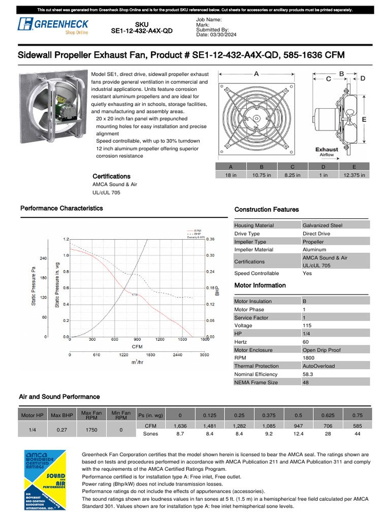 Greenheck SE1-12-432 Exhaust Fan Specs | PDF | Mechanical Engineering ...