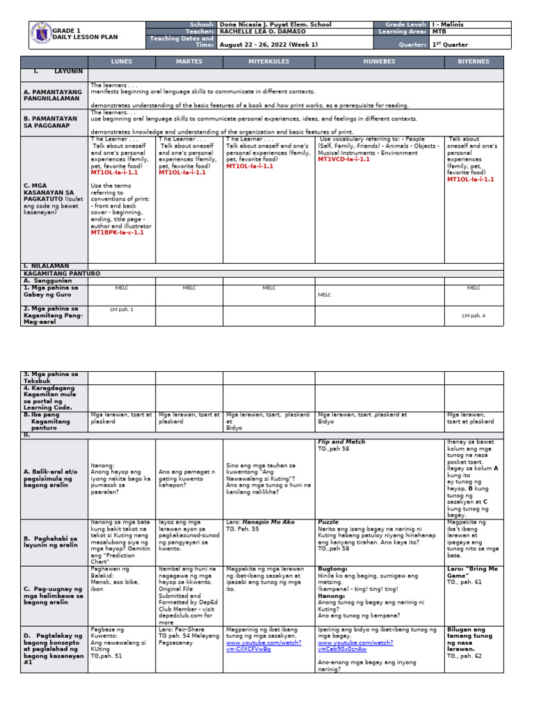 DLL MTB-1 Q1 W1 | PDF