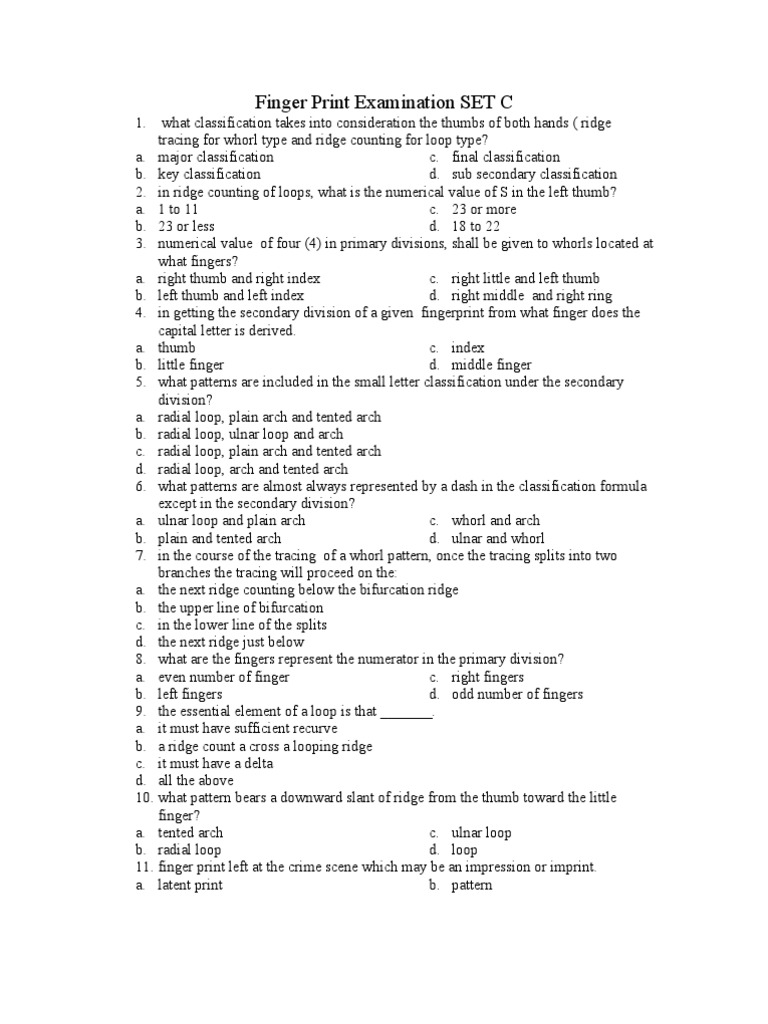 Finger Print Examination SET C | PDF | Fingerprint | Hand