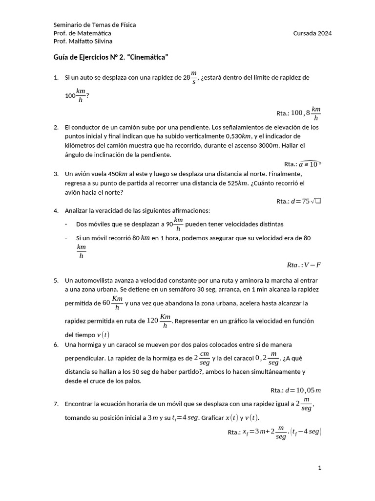 Guía de Ejercicios N°2 Cinemática 2024 | PDF | Velocidad | Aceleración