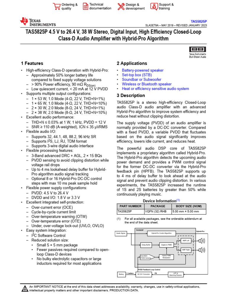 TAS5825 4.5V Stereo Amp Chip Sheet | PDF | Loudspeaker | Analog Circuits