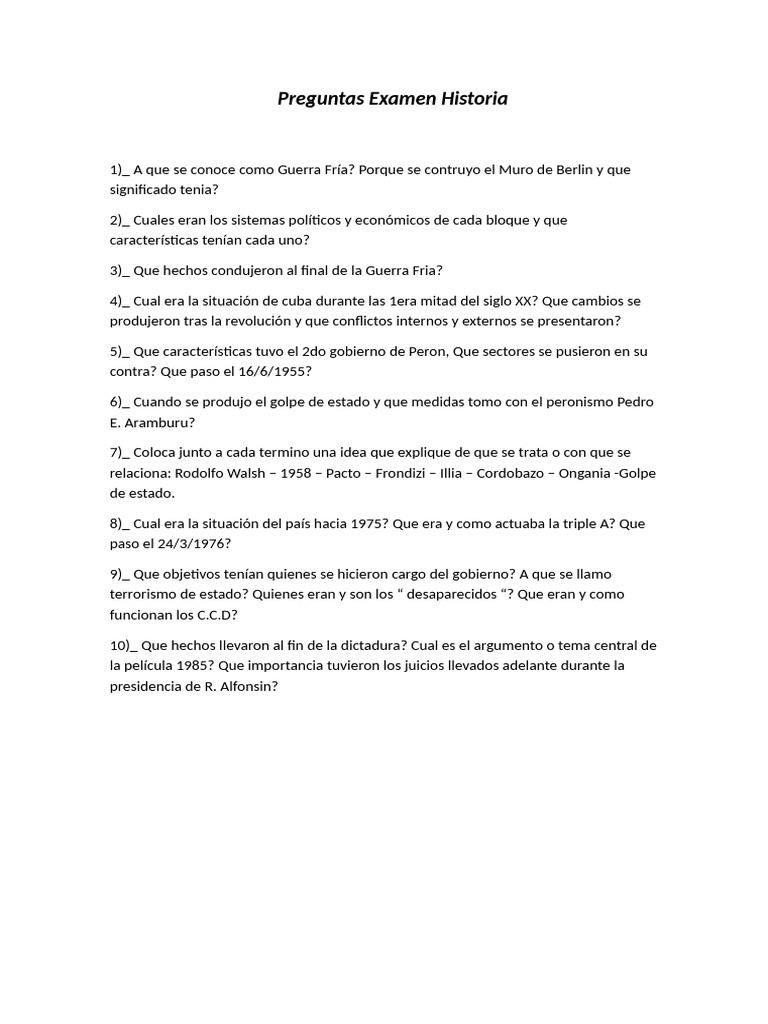 Preguntas Examen Historia | PDF