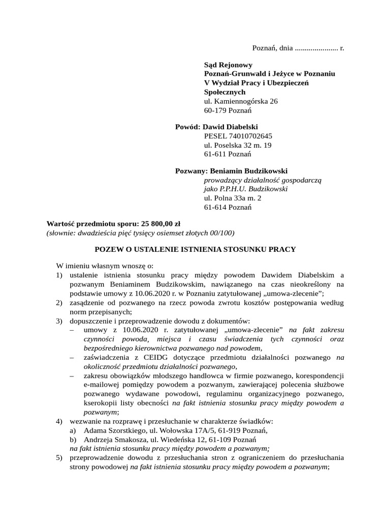 Wzór Pozwu o Ustalenie Istnienia Stosunku Pracy | PDF