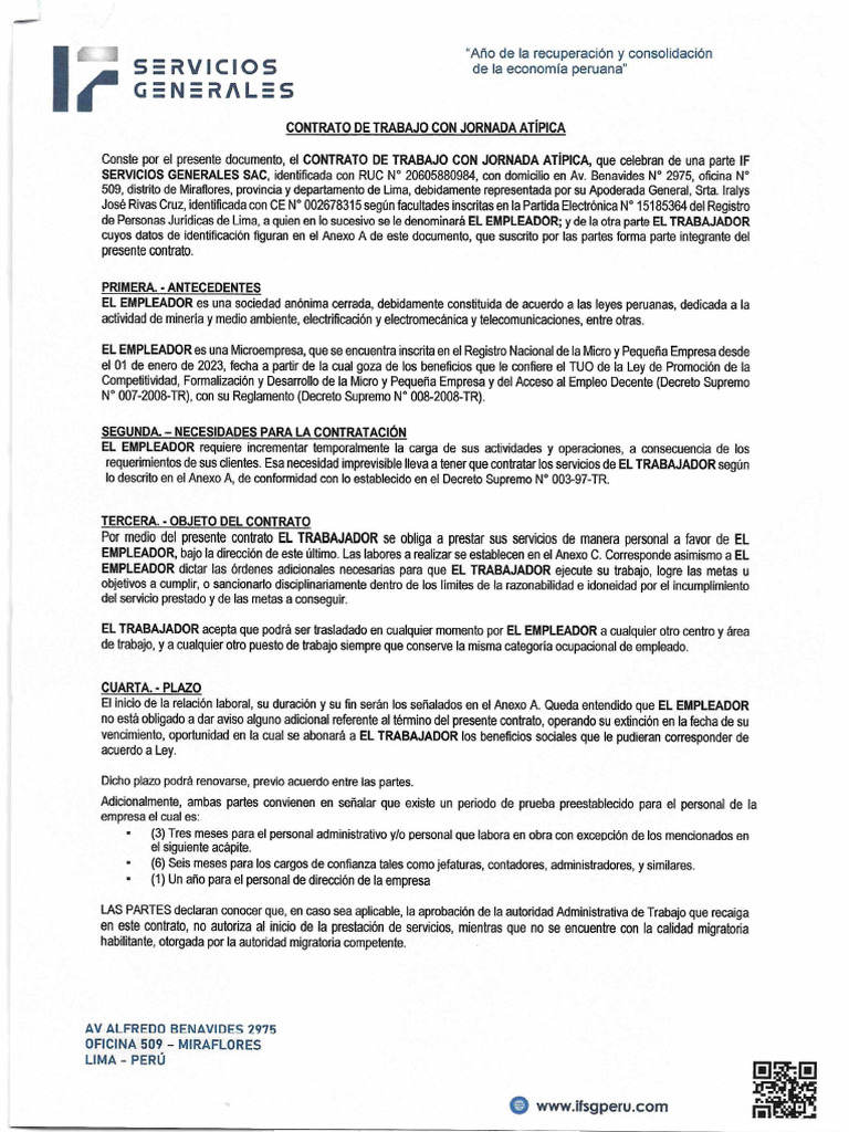 Contrato de Trabajo Jornada Atípica NELLY VÁSQUEZ SALAZAR | PDF