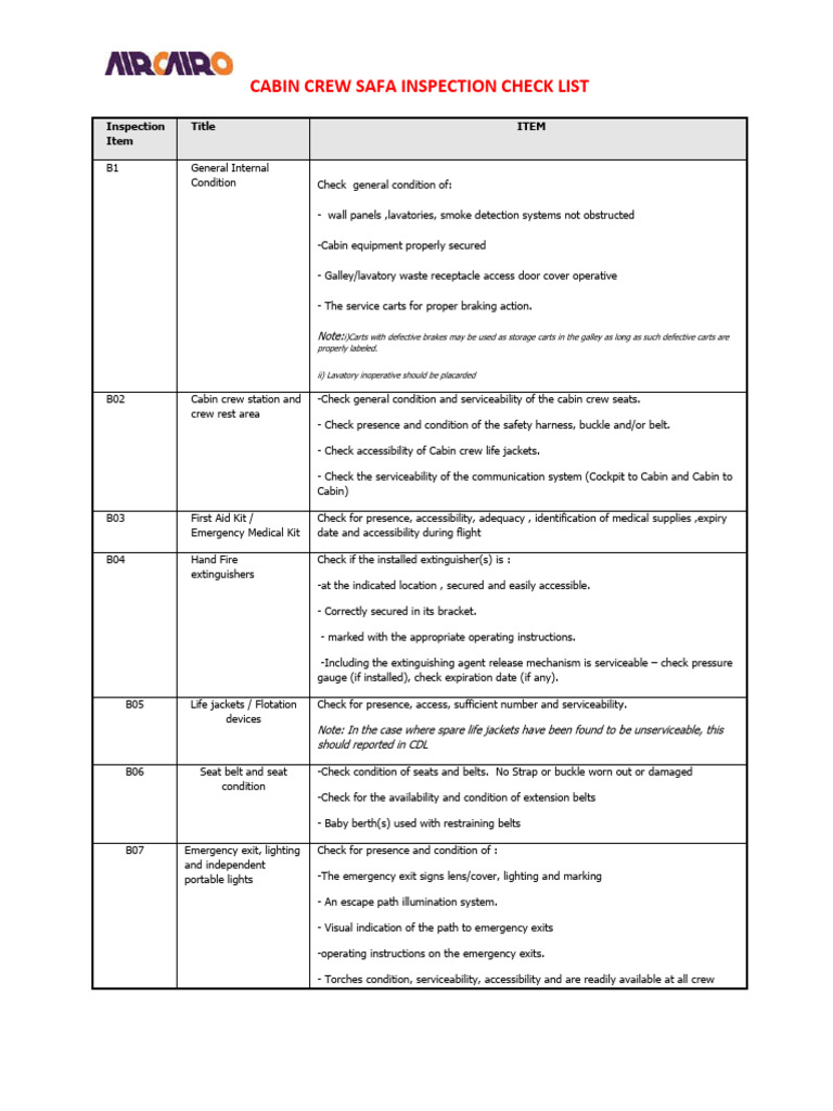 SAFA Inspection Checklist | PDF | Flight Attendant | Aviation