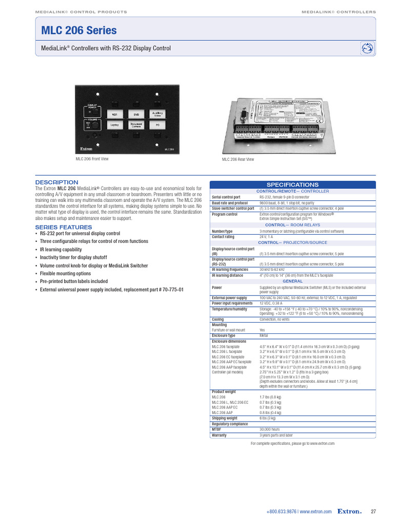 Extron Electronics MLC 206 Specifications Sheet | PDF | Power Supply ...