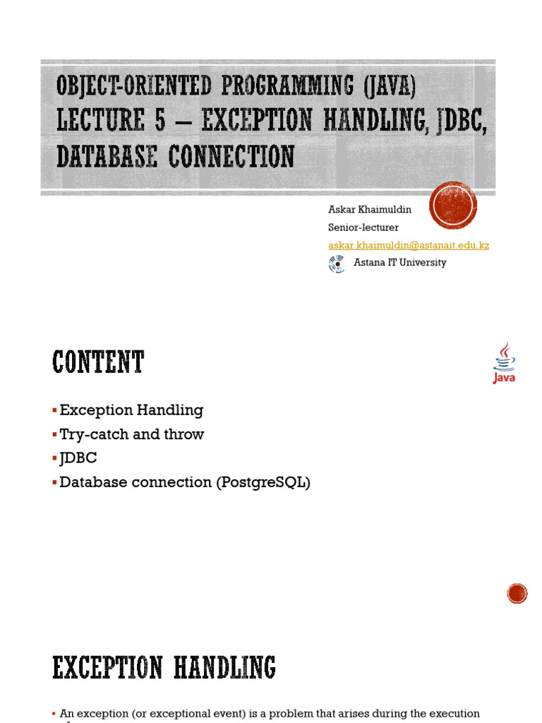 Lecture 5 - Exception Handling, JDBC, Database Connection | PDF | Databases | Computing
