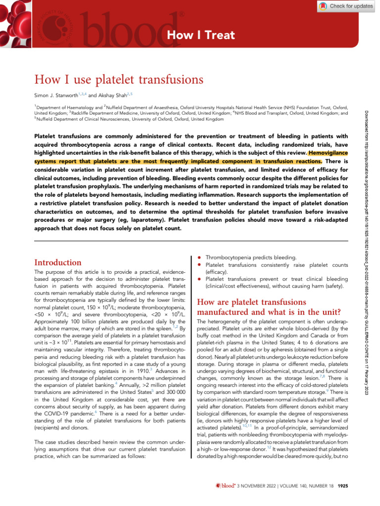 How I Use Platelet Tranfusions | PDF | Blood Transfusion | Platelet