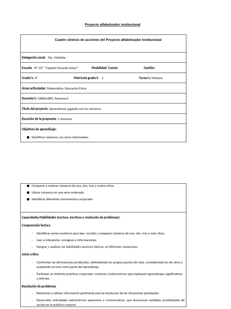 Cuadro_Proyecto_Alfabetizador_de_Matem_tica_Esc__N__127_Villafa_e__1_ (1) | PDF | Aprendizaje ...