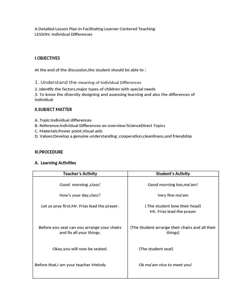 Individual Differences, Lesson Plan in Facilitating Learner Cen | PDF ...