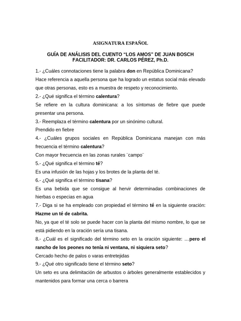 Guia de Analisis Del Cuento Los Amos | PDF | Té