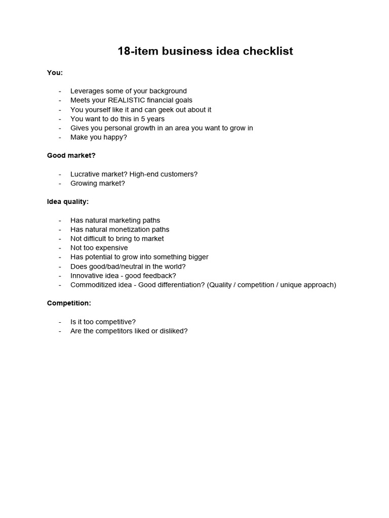 Business Idea Evaluation Checklist | PDF