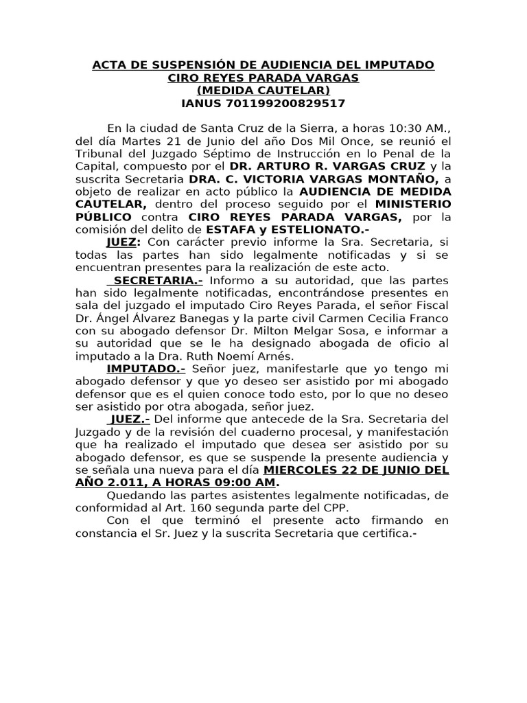 Acta de Suspensión de Audiencia Del Imputado Ciro Reyes Parada Vargas | PDF
