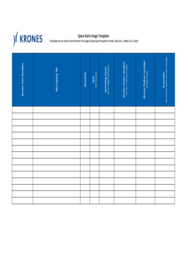 Krones Spare Parts Usage Template | PDF