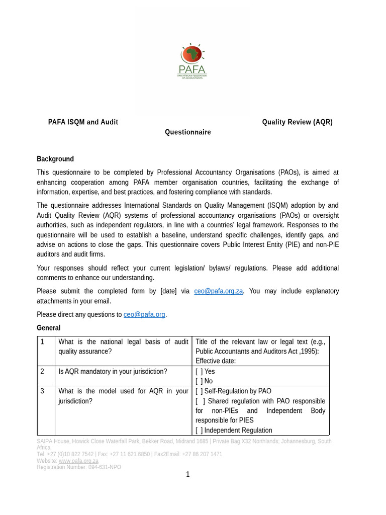 PAFA Audit Quality Review Questionnaire - 2023 08 16 135301 - CTHW | PDF | Audit | Business