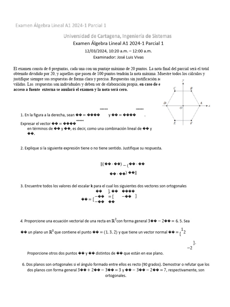 Álgebra Lineal 2024-1 Examen Parcial 1 | PDF | Vector Euclidiano | Álgebra lineal