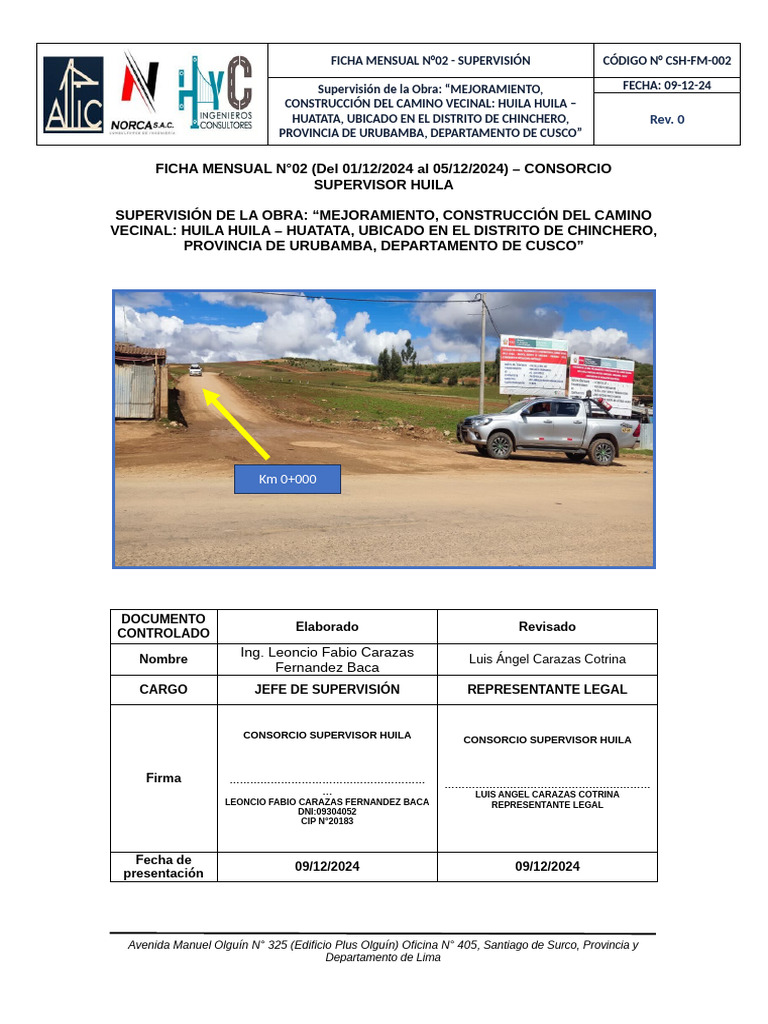 Supervisión Mensual Camino Huila Huatata | PDF
