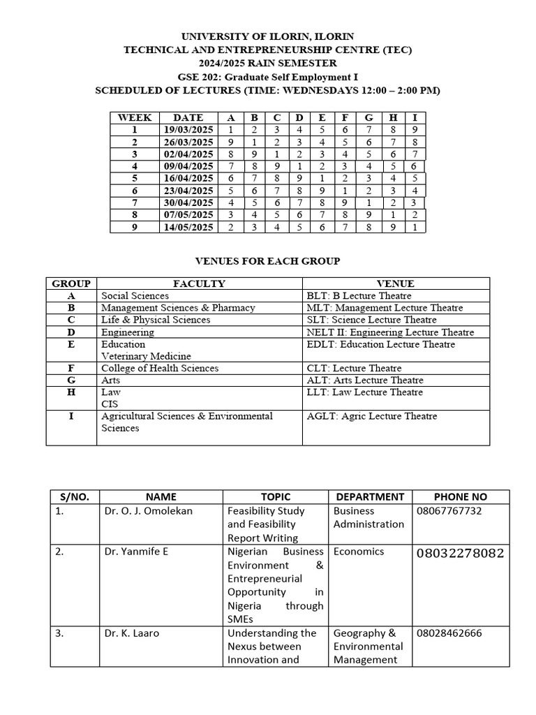 GSE202 Lectures schedule 202425 | PDF | Entrepreneurship | Business
