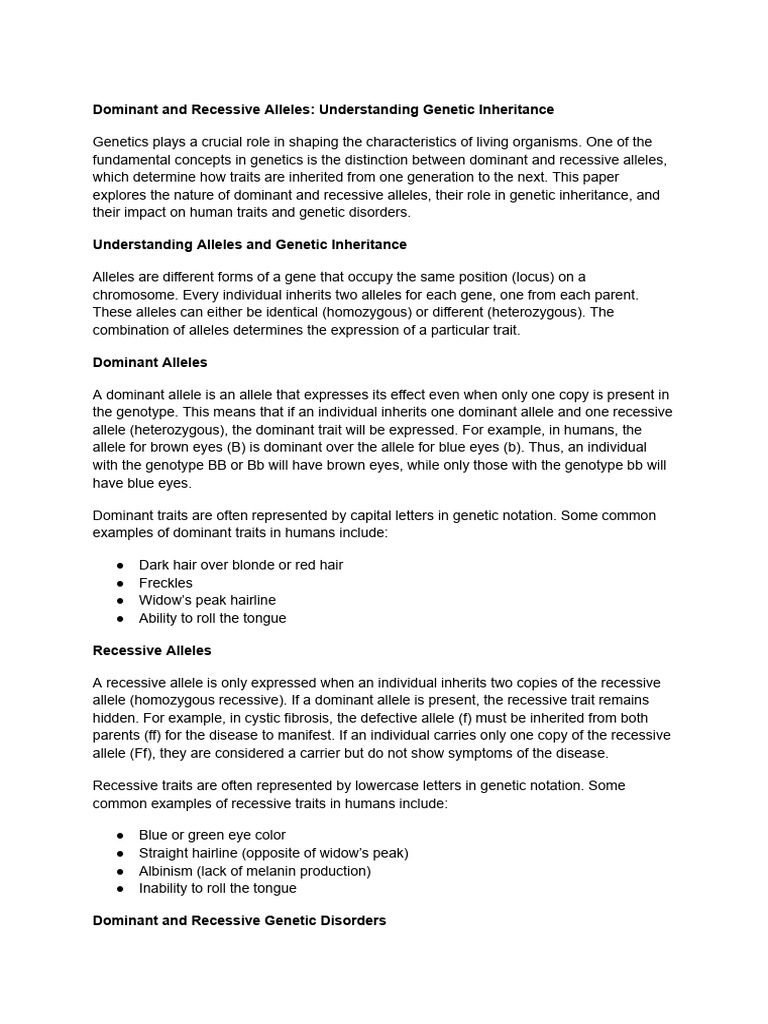 Dominant and Recessive Alleles_ Understanding Genetic Inheritance | PDF ...