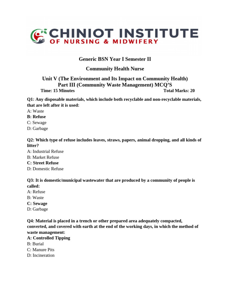 Community Waste Management MCQs | PDF | Waste | Waste Management