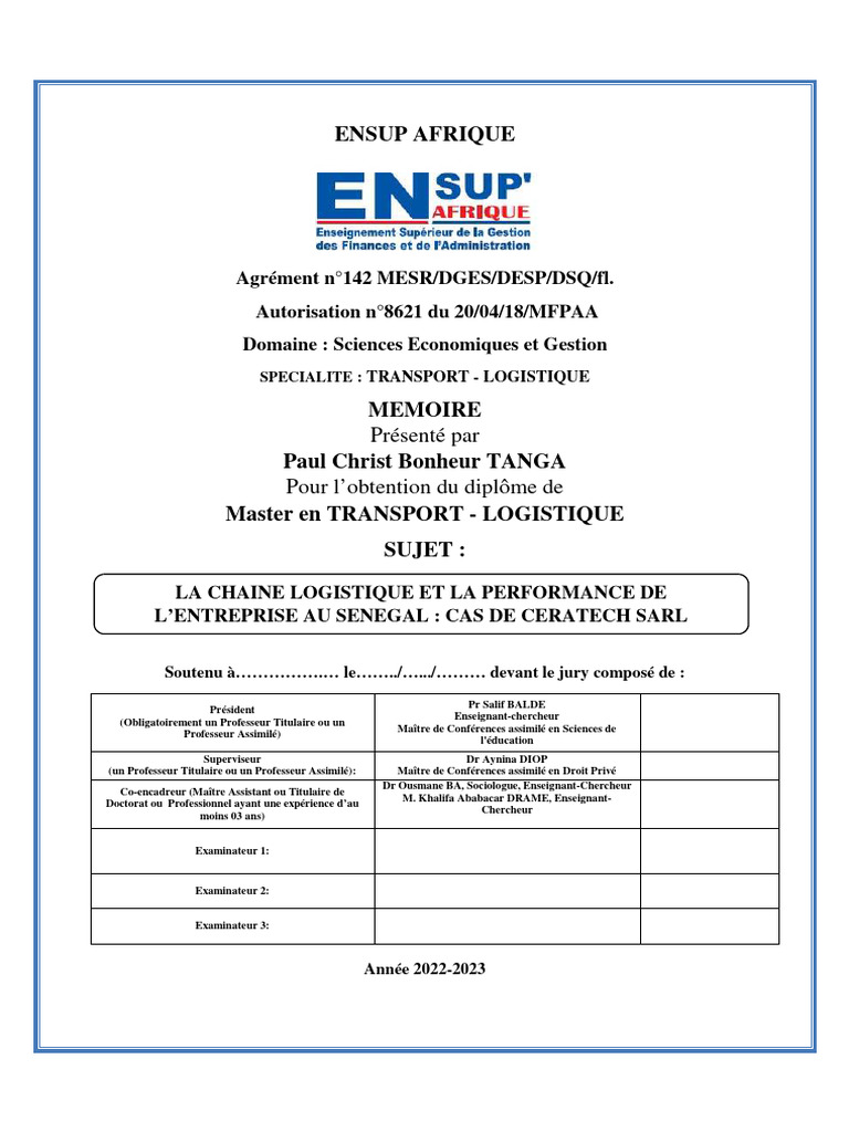 Page de Garde Memoire Ensup - TL - Ci | PDF | Logistique | Gestion de ...