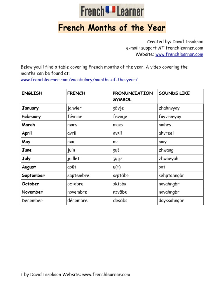 French Months: Vocabulary Guide | PDF
