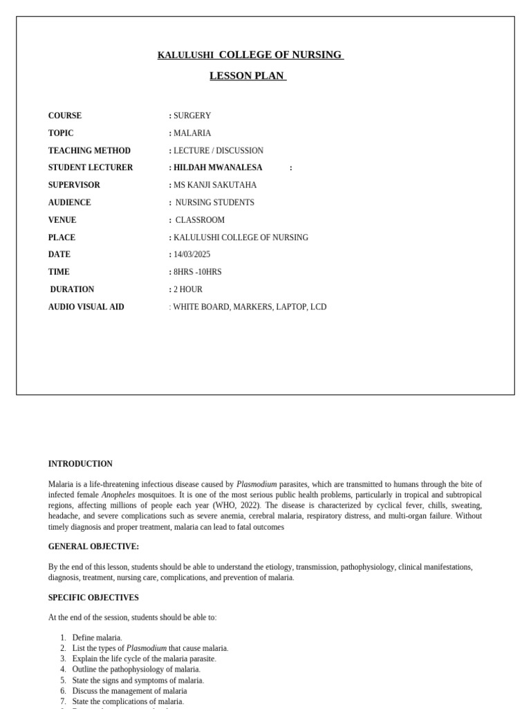 Malaria Lecture Plan for Nursing Students | PDF | Malaria | Plasmodium