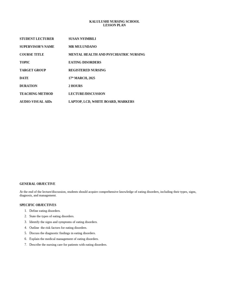 Susan Nyimbili Mental Health and Psychiatric Eating Disorders Lesson ...