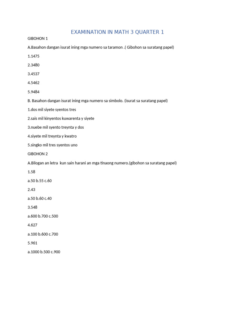 EXAMINATION IN MATH 3 QUARTER 1 | PDF